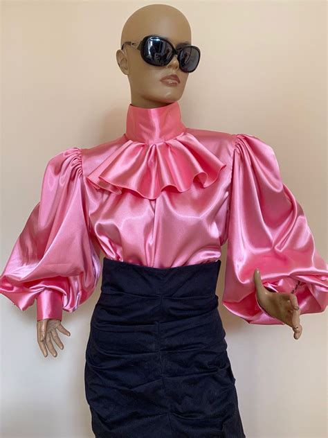 Pink Satin Blouse Satin Blouses Ruffle Blouse Puffy Sleeves Long