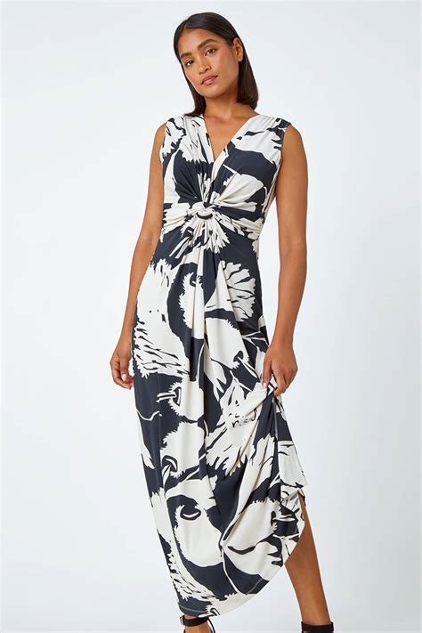 Black Sleeveless Floral Print Maxi Stretch Dress Roman UK