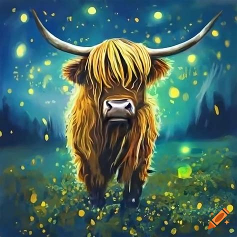 Painting Of A Highland Cow Surrounded By Fireflies On Craiyon