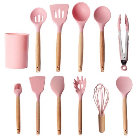 Jogo De Cozinha 12 Peças Silicone Madeira Espatula Fouet Colher