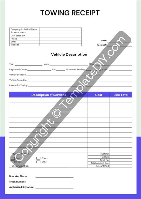 A Receipt Form With The Words Towing Receipt On It