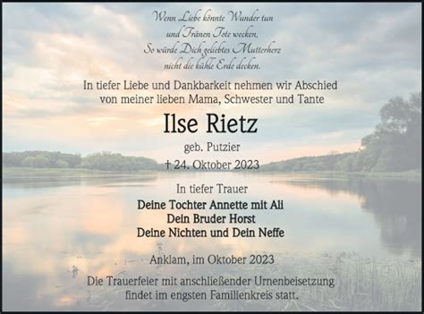 Traueranzeigen Von Ilse Rietz Trauer Nordkurier