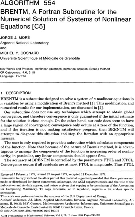 algorithm 554 brentm a fortran subroutine for the numerical solution of nonlinear equations