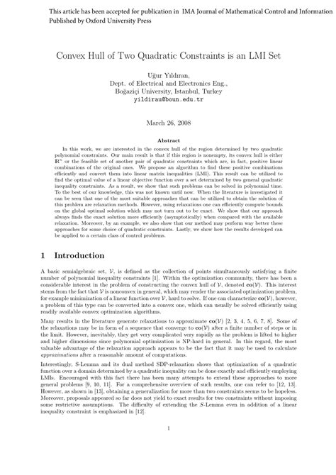 pdf convex hull of two quadratic constraints is an lmi set