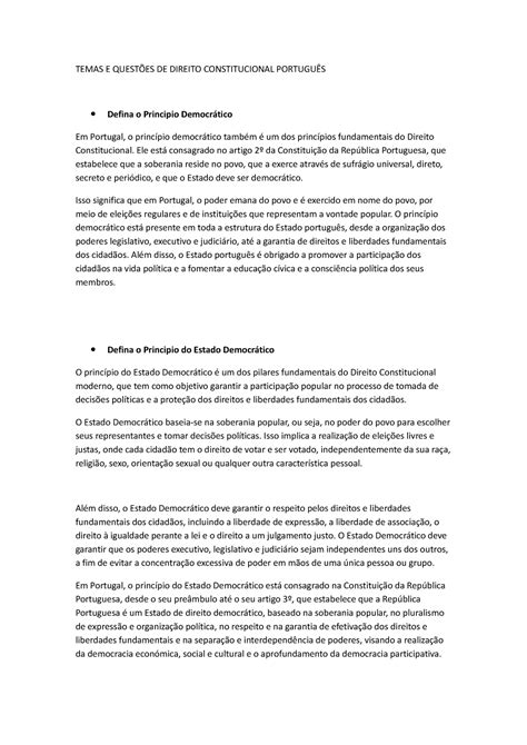 Temas E Questões DE Direito Constitucional Português TEMAS E QUESTÕES