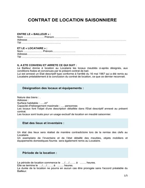 Contrat De Location Saisonniere