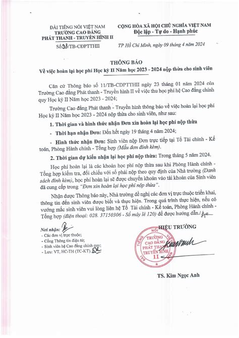 Thông báo về việc hoàn lại học phí Học kỳ II năm học 2023 2024 nộp thừa