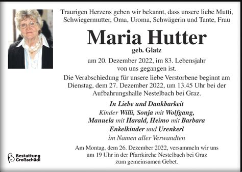 Traueranzeigen Von Maria Hutter Trauer Kleinezeitung At