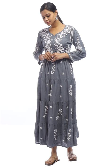 Lucknowi Chikankari Modal Frill Gown Hand Embroidered At Best Price In
