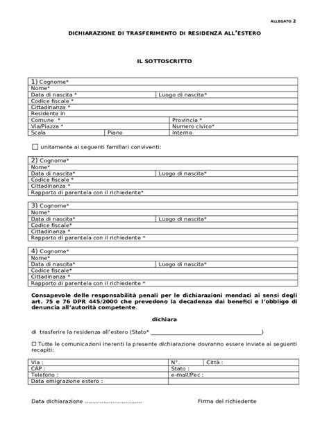 DICHIARAZIONE DI TRASFERIMENTO DI RESIDENZA Doc Template PdfFiller