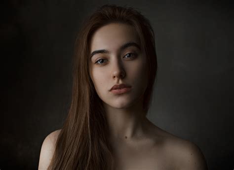 Wallpaper Model Brunette Long Hair Looking At Viewer Face Portrait Bare Shoulders Dark