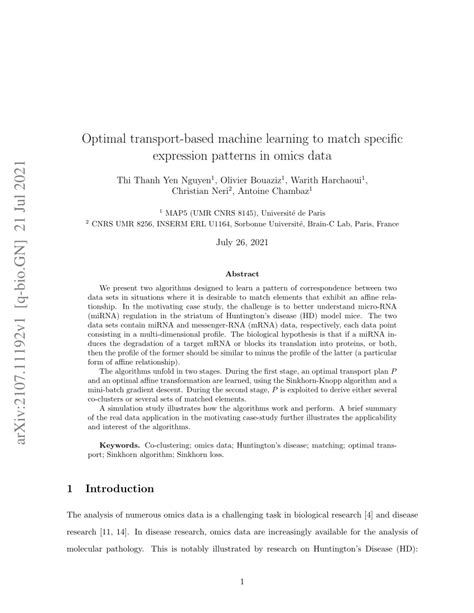 pdf optimal transport based machine learning to match specific expression patterns in omics data
