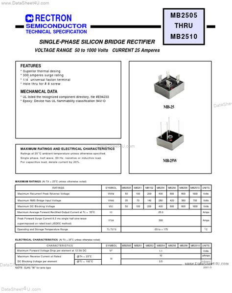 MB251 Datasheet PDF MB2505 MB2510 SINGLE PHASE SILICON BRIDGE