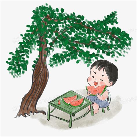 手绘水彩小朋友树下吃瓜乘凉免抠元素PNG图片素材下载 手绘PNG 熊猫办公