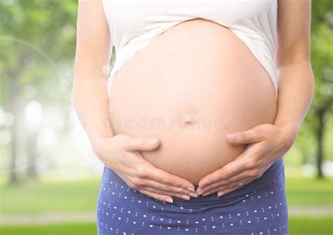 Close Up Of Pregnant Woman Holding Her Belly Stock Photo Image Of