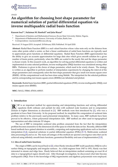 pdf an algorithm for choosing best shape parameter for numerical solution of partial