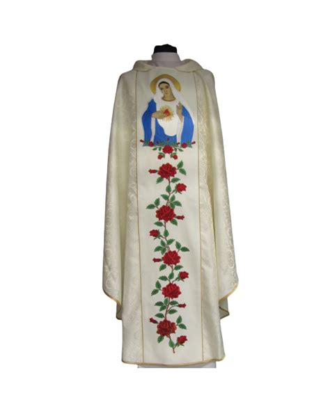 Ornat haftowany Niepokalane Serce Maryi Panny materiał rozeta ecru