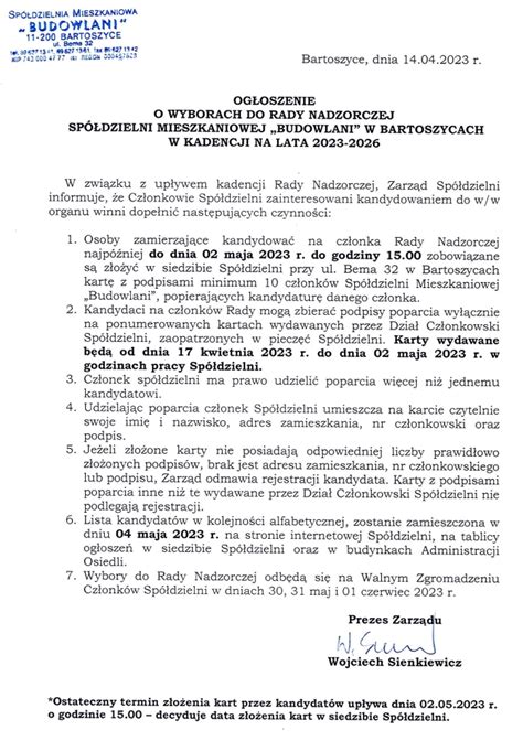 Ogłoszenie o wyborach do Rady Nadzorczej Spółdzielni Mieszkaniowej
