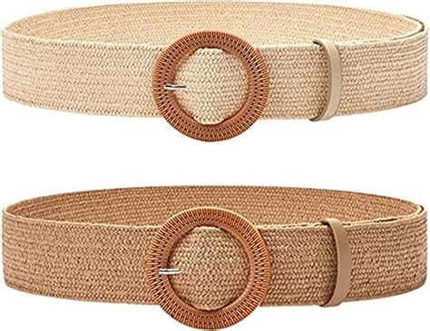Straw Woven Elastic Stretch Waist Belts 2Pcs Elastic Straw Rattan Waist