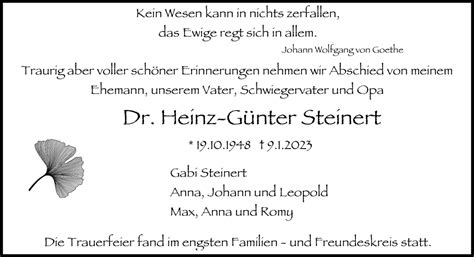 Traueranzeigen von Heinz Günter Steinert ZVW Trauer