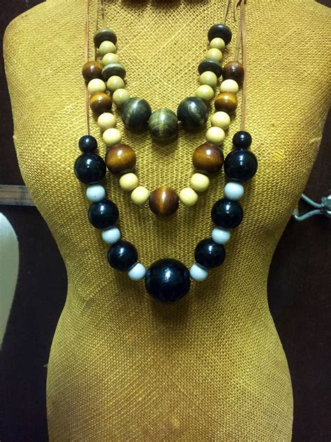 Vintage Large Wooden Bead Necklace Boho Black And Grey Adjustable