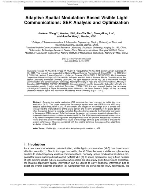 pdf adaptive spatial modulation based visible light communications ser analysis and optimization