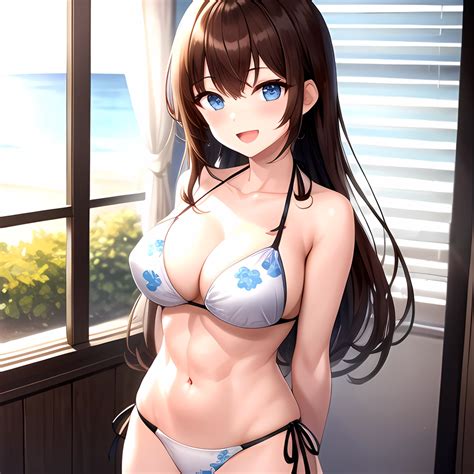 1girl D Abs Alternate Costume Arms Behind Back Asymmetrical Hair Bikini Blue Eyes Blush Breasts