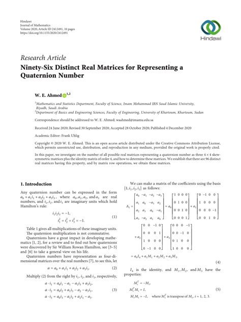 pdf ninety six distinct real matrices for representing a quaternion number