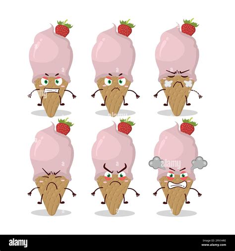 Ice Cream Strawberry Cartoon Character With Various Angry Expressions