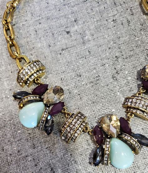 J Crew Gold Toned Metal Rhinestone Statement Necklace Gem