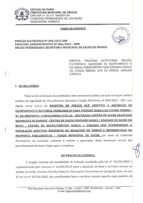 PARECER DO JURIDICO Prefeitura Municipal de Óbidos Gestão 2021 2024