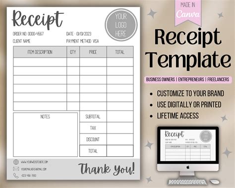 Small Business Printable Receipt Template Customizable Invoice Template