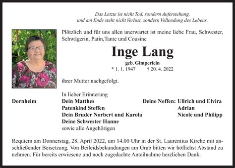 Traueranzeigen Von Inge Lang Trauer Flz De
