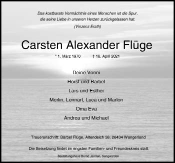 Traueranzeigen von Carsten Alexander Flüge nordwest trauer de