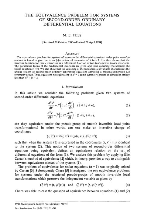 pdf the equivalence problem for systems of second order ordinary differential equations