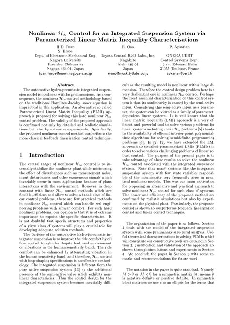 pdf nonlinear h∞ control for an integrated suspension system via parameterized linear matrix