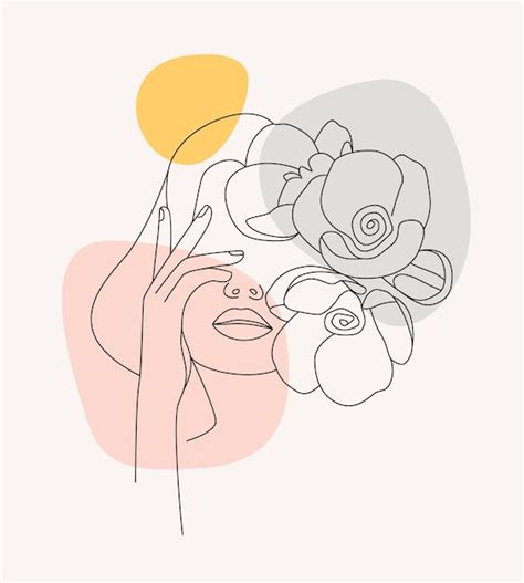 Arte Lineal De Rostro Y Flores De Mujer Hermosa Vector Premium