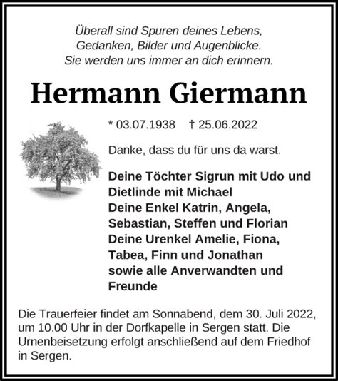 Traueranzeigen Von Hermann Giermann Trauer Nordkurier