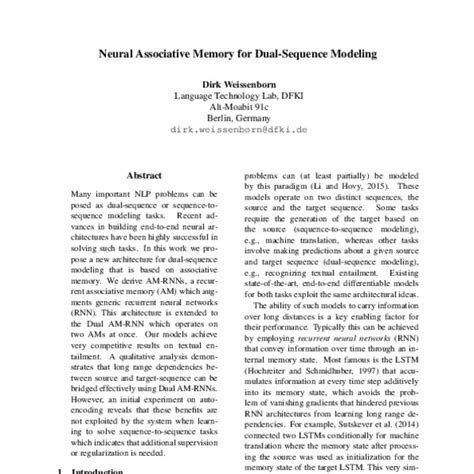 neural associative memory for dual sequence modeling acl anthology