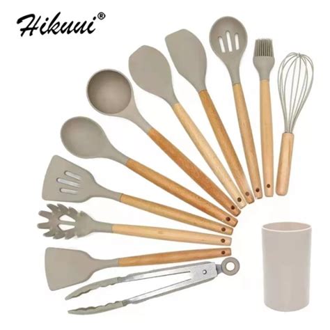 Kit C 12 Utensílios Cozinha Silicone Madeira Bege Shopee Brasil