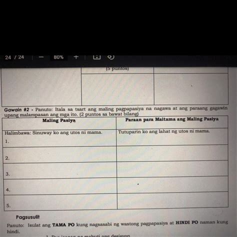 Gawain 2 Panuto Itala Sa Tsart Ang Maling Pagpapasiya Na Nagawa At