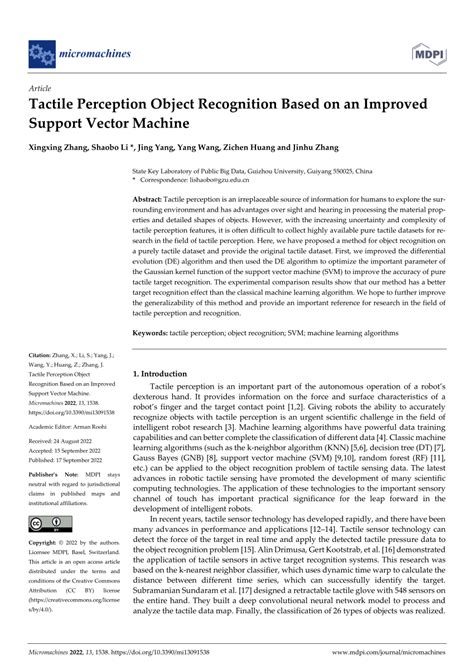 pdf tactile perception object recognition based on an improved support vector machine