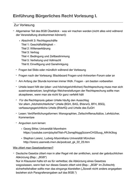 VL1 und 2 Bürgerliches Recht Einführung Bürgerliches Recht Vorlesung