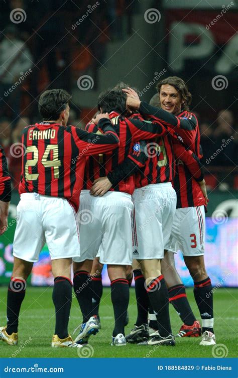Paolo Maldini And The Milan Players Celebrates After The Goal Editorial