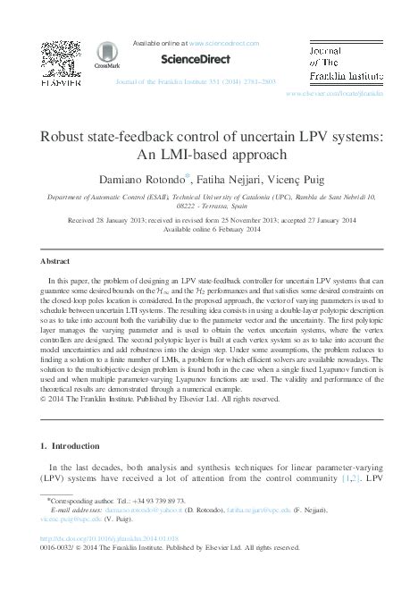 pdf robust state feedback control of uncertain lpv systems an lmi based approach vicenç