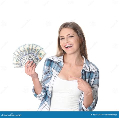 Retrato Da Jovem Mulher Feliz Dinheiro Foto De Stock Imagem De