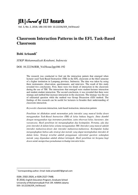 pdf classroom interaction patterns in efl task based classroom