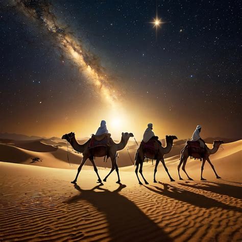 Camel Caravan Going Through The Desert With A Star In The Background