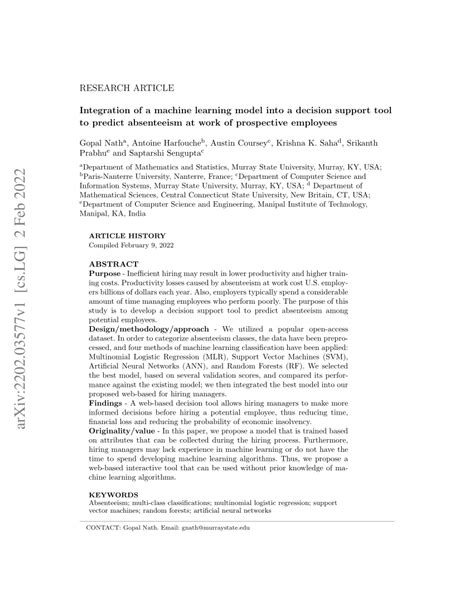 pdf integration of a machine learning model into a decision support tool to predict