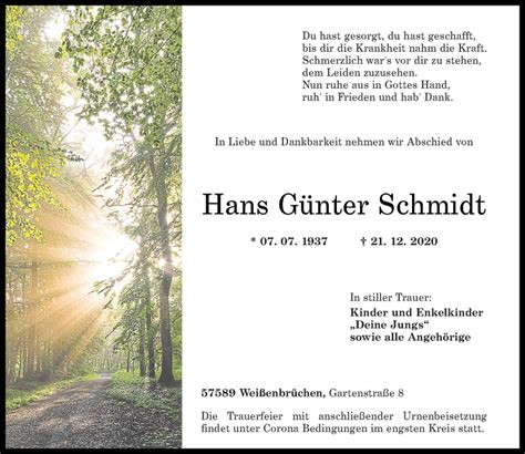 Traueranzeigen von Hans Günter Schmidt rz trauer de